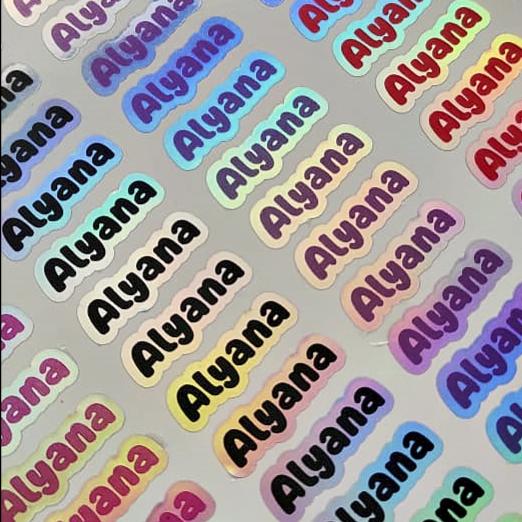 Jual Label Sticker Nama Custom Hologram Waterproof Hitam, Pink, Biru ...