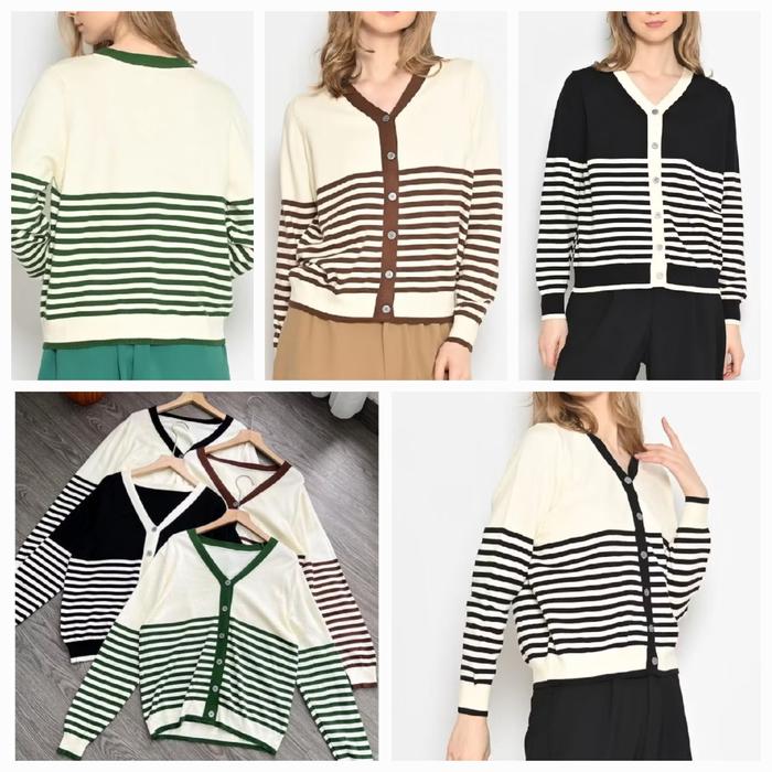 Jual cardigan outer wanita garis garis salur stripe cardy cardi kancing ...
