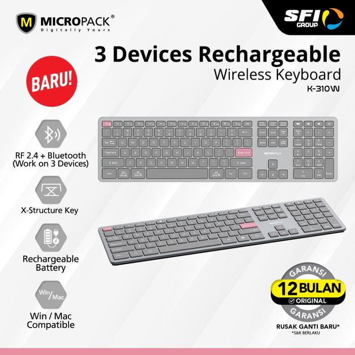Jual MICROPACK KEYBOARD WIRELESS + BLUETOOTH RECHARGEABLE ( K-310W-EN-GY ) - Gatotkaca ...