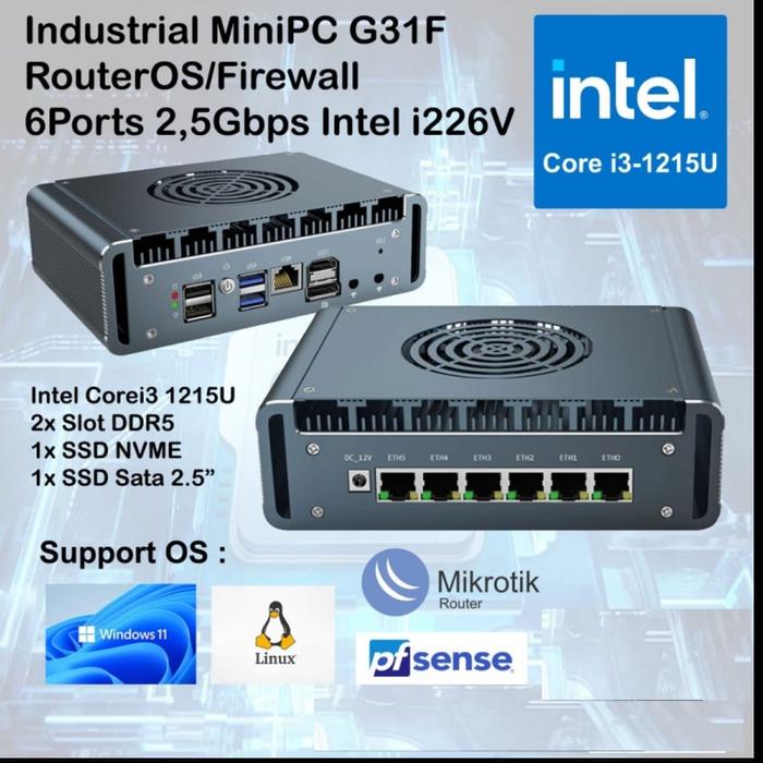 Jual Industrial Mini PC G31F Core i3 1215U 6 Port LAN 2.5G Intel i226V ...
