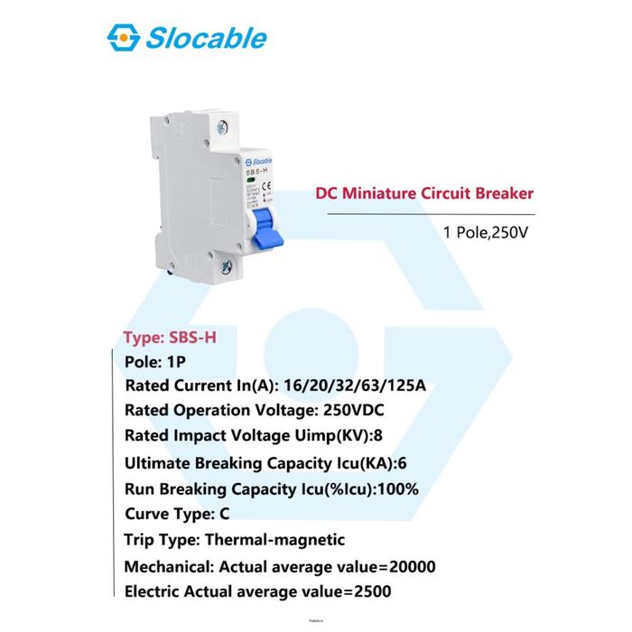 Jual MCB DC 1 Pole 16A 20A 32A 63A 125A 250V SBS-H Slocable MCB DC 1P ...
