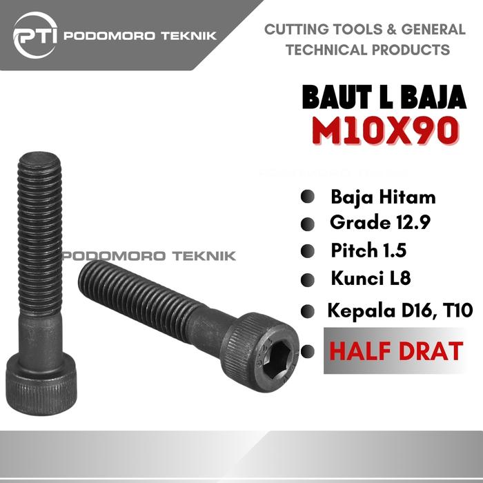 Jual Baut L M10x90 Baut Hitam Baja M10 x 90 mm Grade 12.9 Half Drat - Kab. Bekasi - PODOMORO ...
