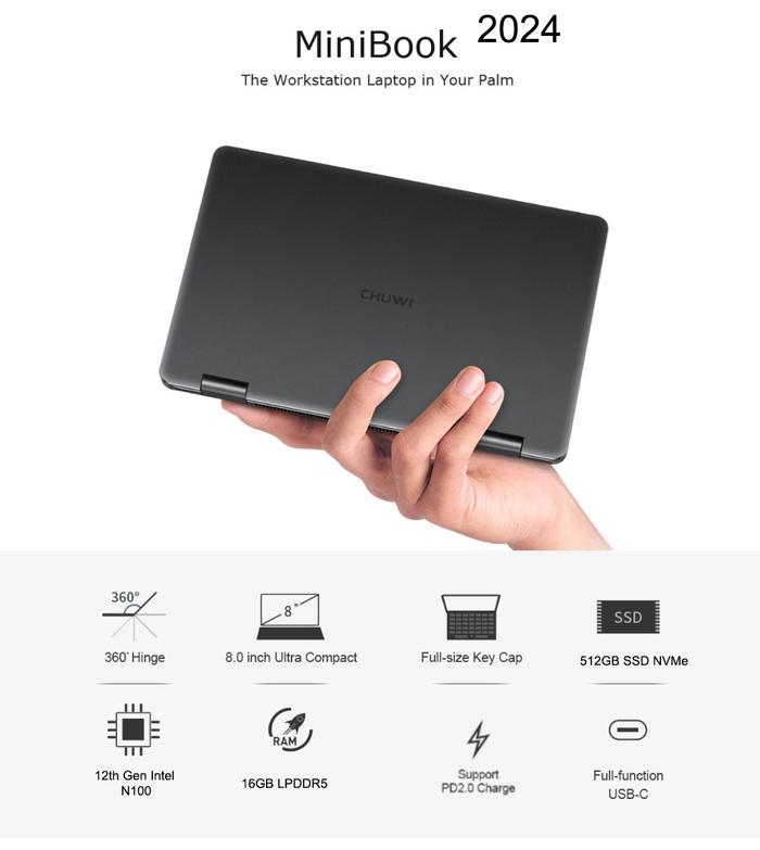 Jual Chuwi MiniBook 2024 Intel N100 16/512GB SSD NVMe WiFi6 8" UltraMini Yoga Laptop Windows 11 ...