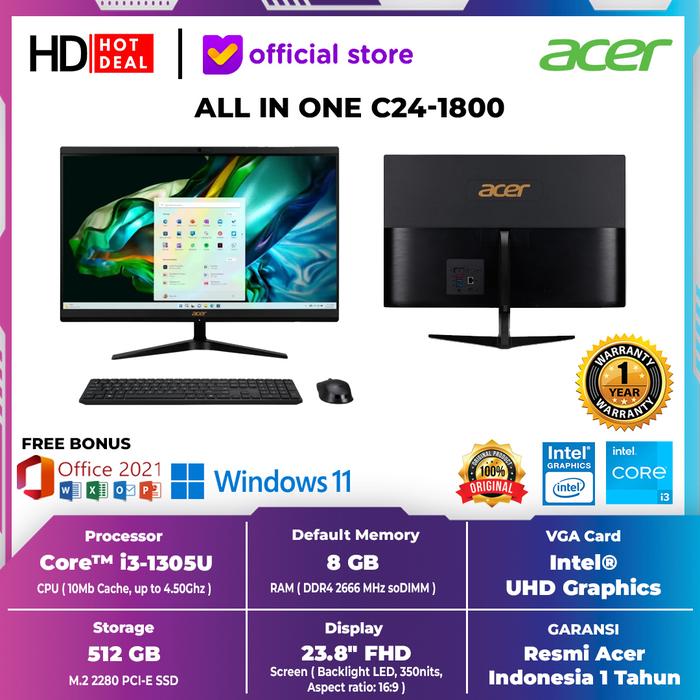 Promo ACER PC AIO ALL IN ONE C24-1800 BLACK CORE i3-1305U 8GB 512GB W11 ...