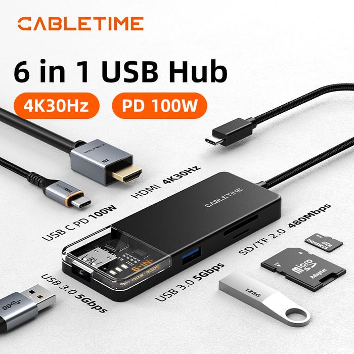 Promo USB Hub 6 in 1 Multiport Cabletime USB Type C HDMI SD/TF For ...