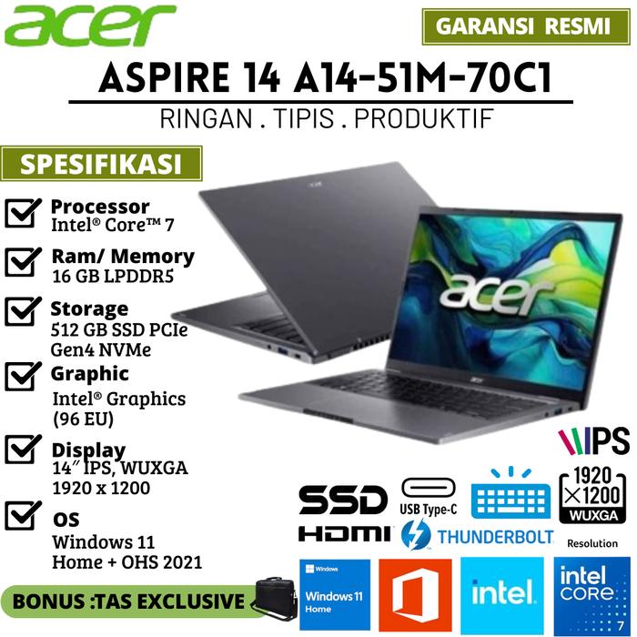 Jual ACER ASPIRE 14 A14-51M-70C1 INTEL CORE 7-150U 16GB 512GB SSD 14 ...