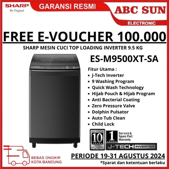 Promo Sharp ESM9500XTSA Mesin Cuci Top Loading 9,5 Kg Jtech Inverter ...