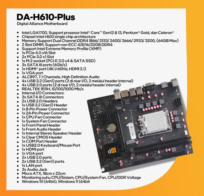 Jual Motherboard Digital Alliance H610M-Plus - LGA1700 DDR4 microATX DA-H610-Plus - Jakarta ...