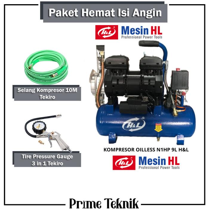Jual PAKET Lengkap Kompresor Listrik H&L N1HP 9 Liter Oilless Portable ...