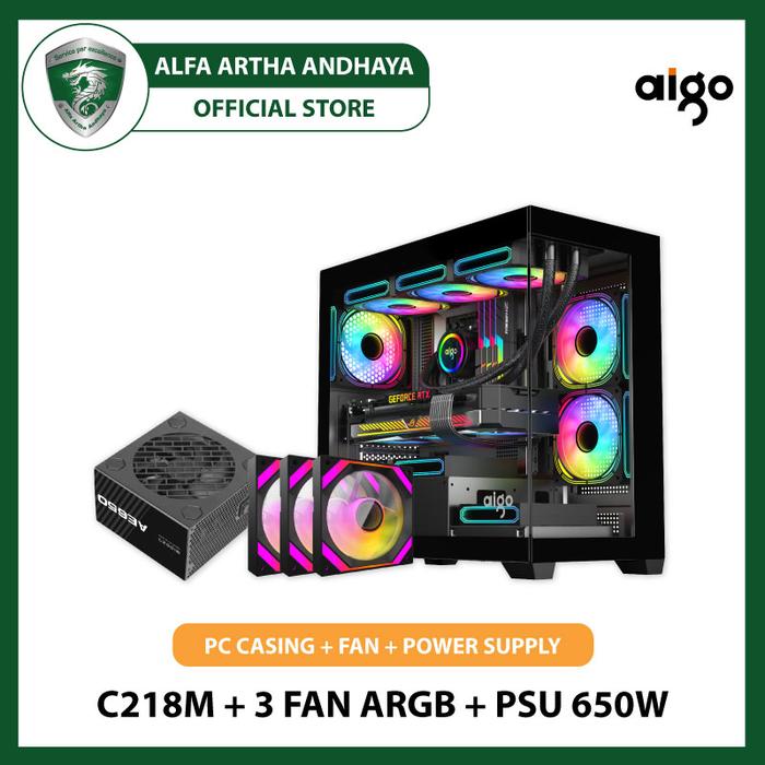 Promo AIGO C218M M-ATX PC Casing [WITH 3 ARGB FAN] - Hitam + PSU 650 ...