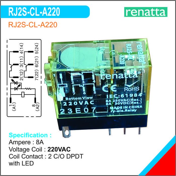 Jual RJ2S-CL-A220 Renatta Relay 2 C/O with LED 220VAC - Kota Tangerang ...
