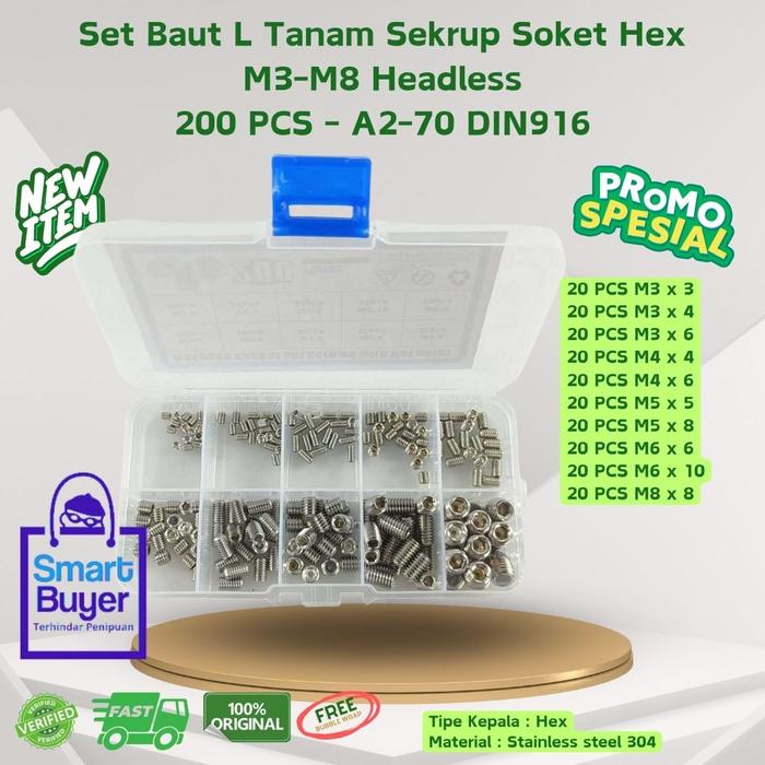 Jual Set Baut L Tanam Sekrup Soket Hex M3-M8 Headless 200 pcs Anti Karat - Jakarta Barat ...