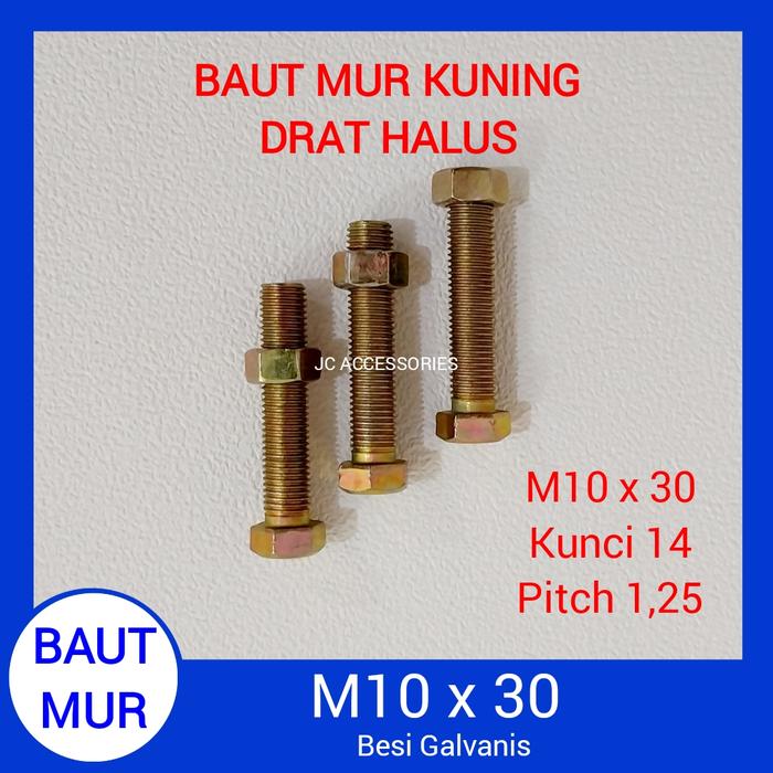 Jual BAUT MUR KUNING M10 x 30 KUNCI 14 PITCH 1,25 DRAT HALUS BMK M10x30 BAUT MUR HEXAGON HEX ...