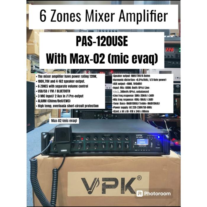 Jual Power Amplifier VPK PAS 120 USE 120w 100v,70v & 4-162 Spk Output ...