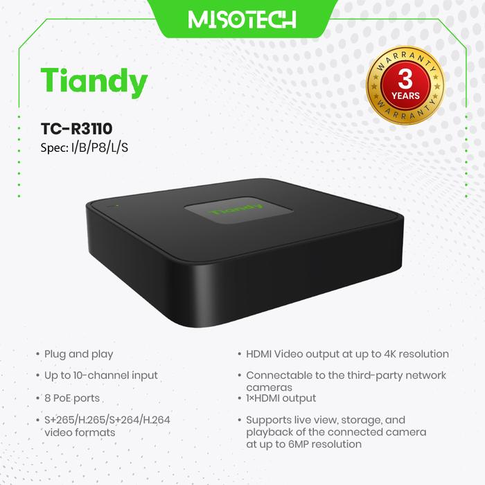 Jual NVR 10 Channel Tiandy TC-R3110 4K 8 PoE 1 SATA IP Camera Onvif Spark - Jakarta Barat ...