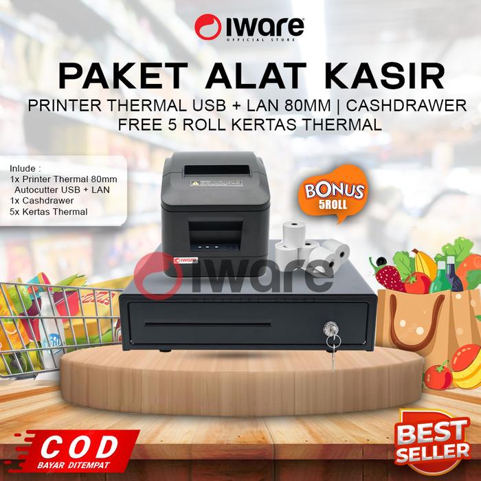 Promo PAKET PRINTER KASIR 80MM (USB+LAN) + CASHDRAWER + 5ROLL ...