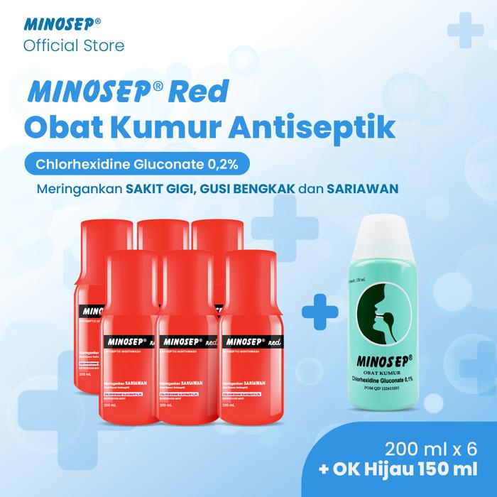 Jual Minosep RED Obat Kumur Antiseptik 200ml 6botol + 1 botol hijau 60ml Sakit Gigi Sariawan ...