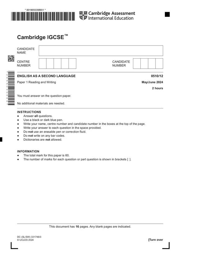 Jual IGCSE English 0510 2024 May/June past papers & mark schemes ...