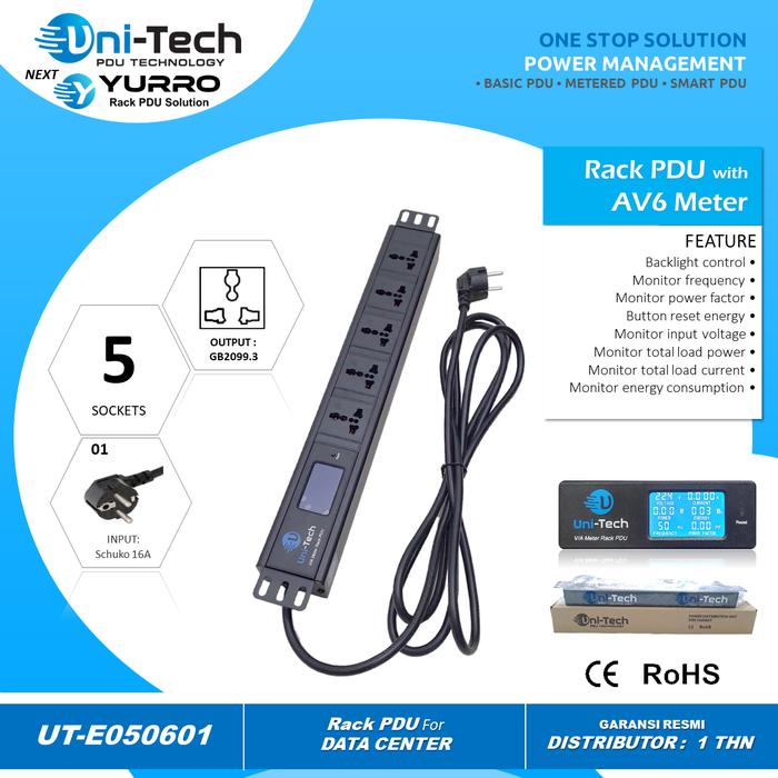 Jual Uni-Tech Rack PDU 5 Soket Universal dengan AV6 Meter GB2099.3 220 ...