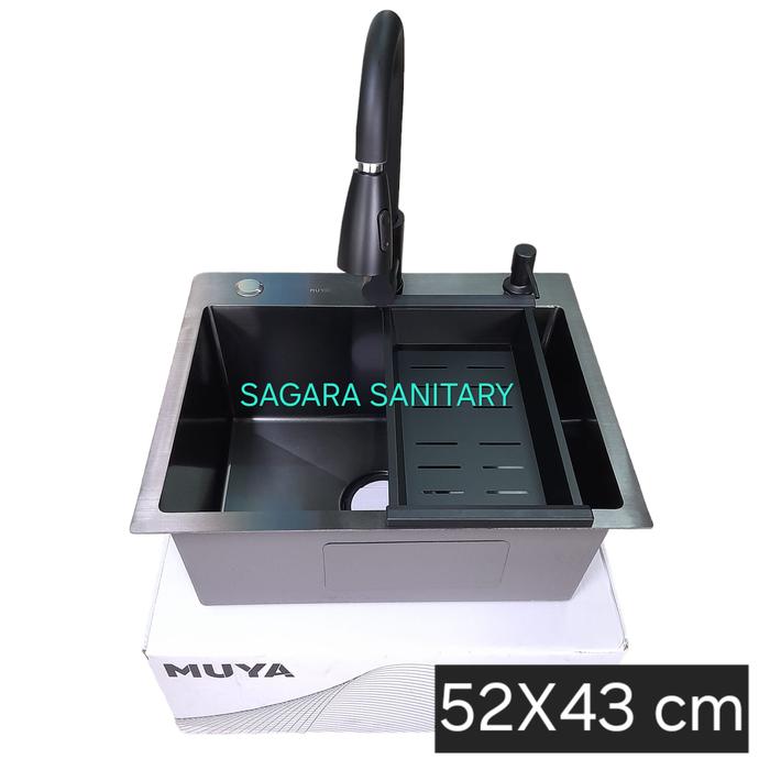 Jual Kitchen sink 5243 black MY komplit set kran tarik panas dingin ...