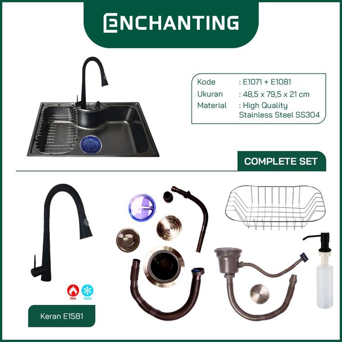 Promo ENCHANTING Kitchen Sink Stainless Steel SS 304 1 Bowl Black 79x49 ...