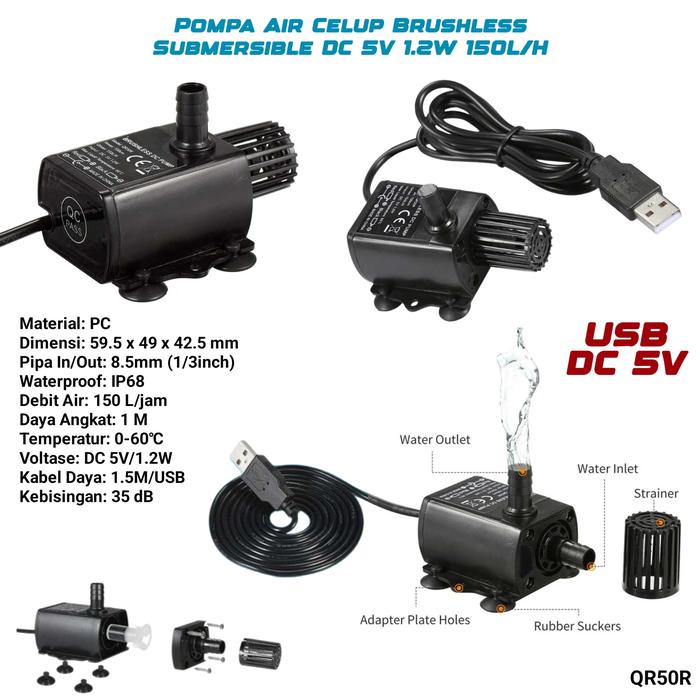 Jual Pompa Air Celup Brushless Submersible Kolam/Akuarium DC 12V/USB 5V ...