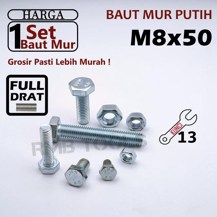 Jual Baut Mur Putih Hex M8x50 5cm Besi Galvanis BMP Hexagon Kunci 13 M8 - Kota Tangerang Selatan ...