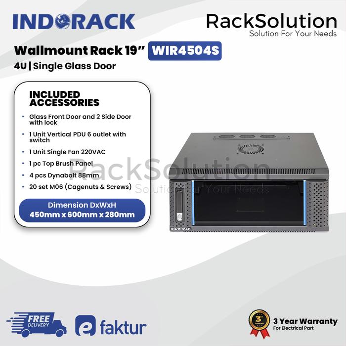 Jual WIR4504S INDORACK WALLMOUNT RACK SERVER 450MM 4U SINGLE GLASS DOOR ...
