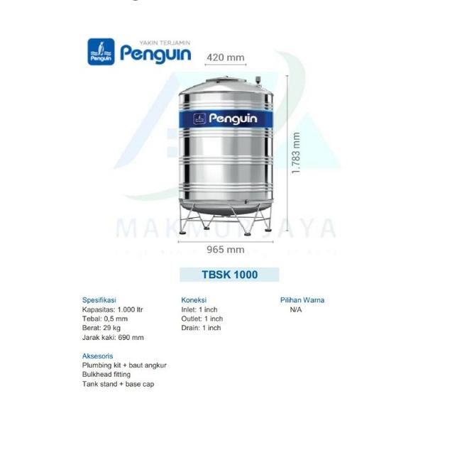 Jual Toren Tangki Tandon Air Penguin Stainless Steel TBSK 1000 - 1000 ...