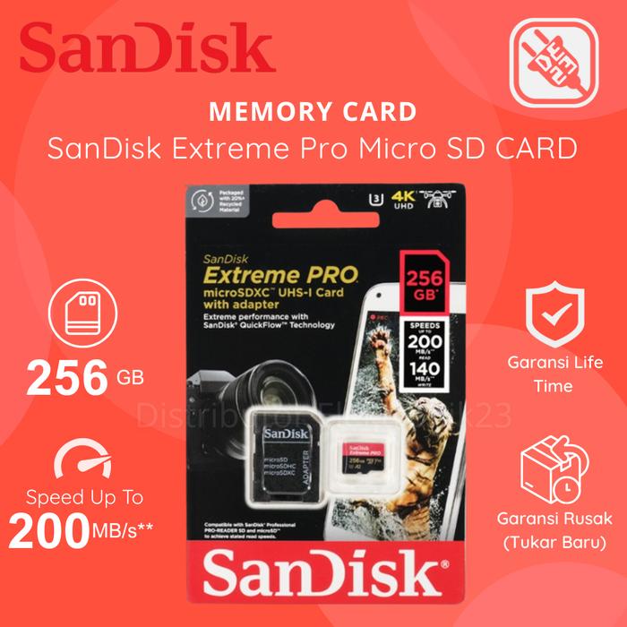 Jual Micro SD Sandisk Extreme Pro Memory Card SDXC MicroSDXC 256GB A2 V30 UHS-1 200MB/s ORIGINAL ...