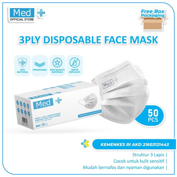 Jual Med+ Masker 3Ply 50 Pcs / 3Ply Disposable Face Mask Kemenkes ...