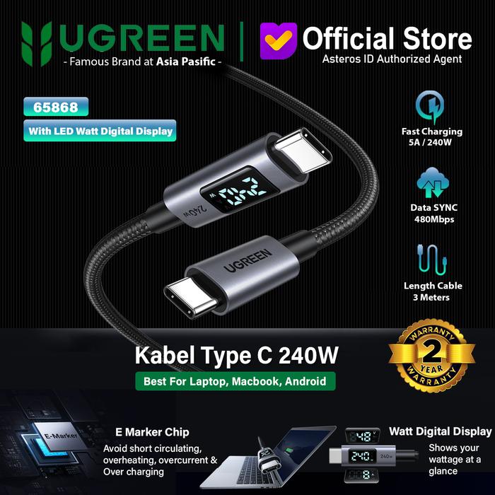 Promo UGREEN Kabel Type C to Type C Fast Charging 240w Nylon Braided ...