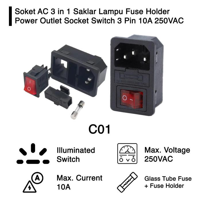 Jual Soket AC 3 in 1 Saklar Lampu Fuse Holder Power Outlet Socket ...