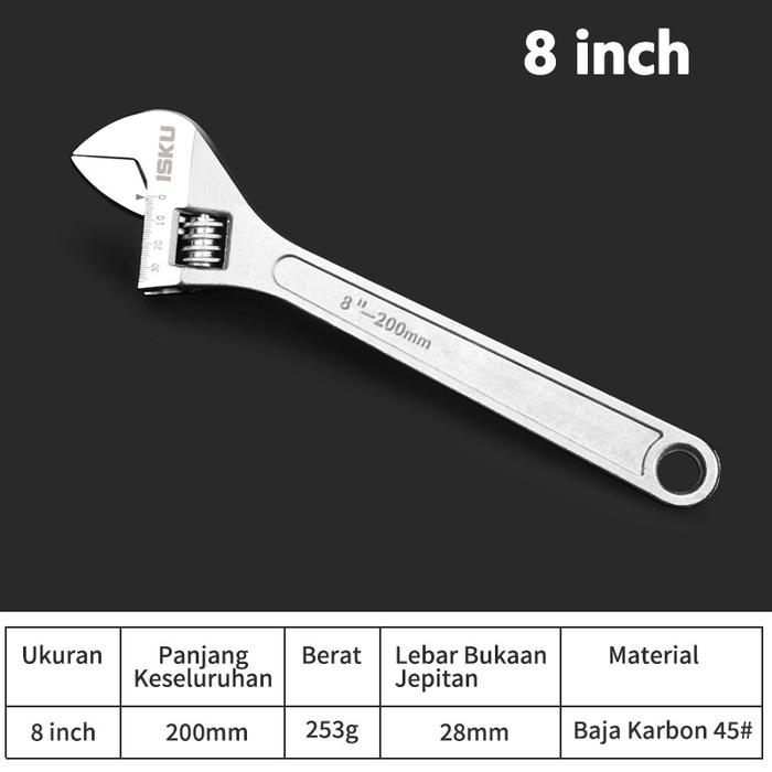Promo ISKU Kunci Inggris 8" 10" 12" Inch High Carbon Steel - Adjustable ...