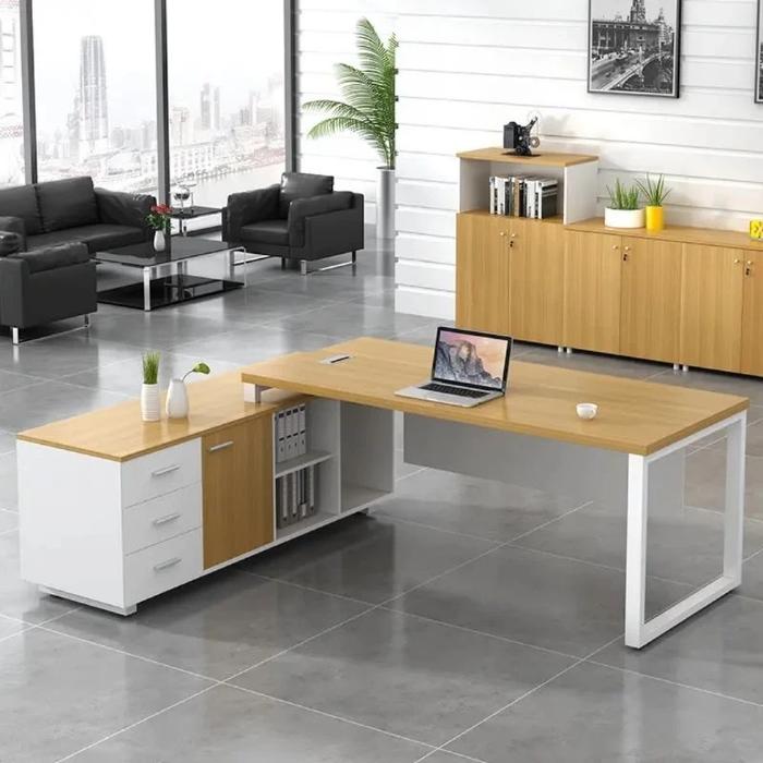 Jual Meja Direktur Model L Lengkung L dengan Laci Kaki Besi Furniture ...