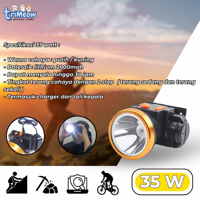 Jual Senter Kepala LED 35W/50W/80W Headlamp Dual Cahaya Putih & Kuning Rechargeable Sorot Jauh ...