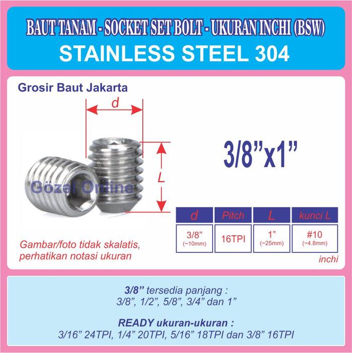 Jual Baut L tanam L-set INCHI 3-8 x 1 UNC 16TPI - 10mm x25mm - SS 304 - Kota Bekasi - Gozel ...