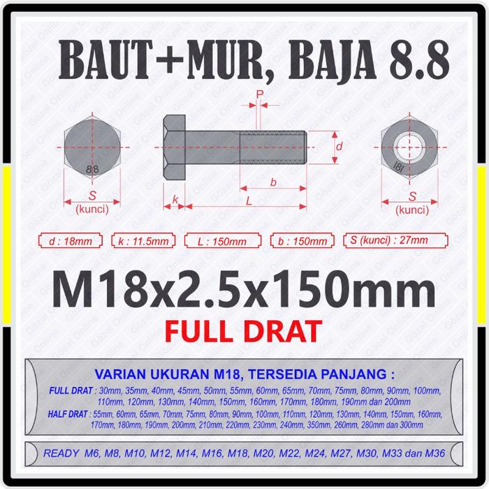 Jual M18 x150mm Pitch 2.5 Kunci 27 - Baut & Mur - baja 8.8 - FULL DRAT - Kota Bekasi - Gozel ...