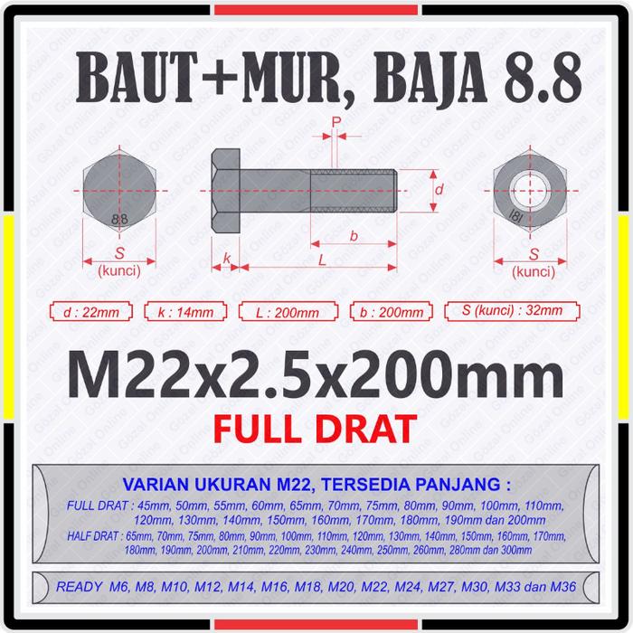 Jual M22 x200mm Pitch 2.5 Kunci 32 - Baut & Mur - baja 8.8 - FULL DRAT - Kota Bekasi - Gozel ...