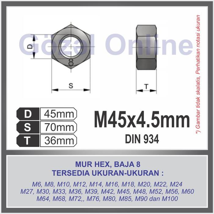 Jual Mur nut hex - baja 8.8 - M45 pitch 4.5mm - tebal 36mm - Kunci 70 ...