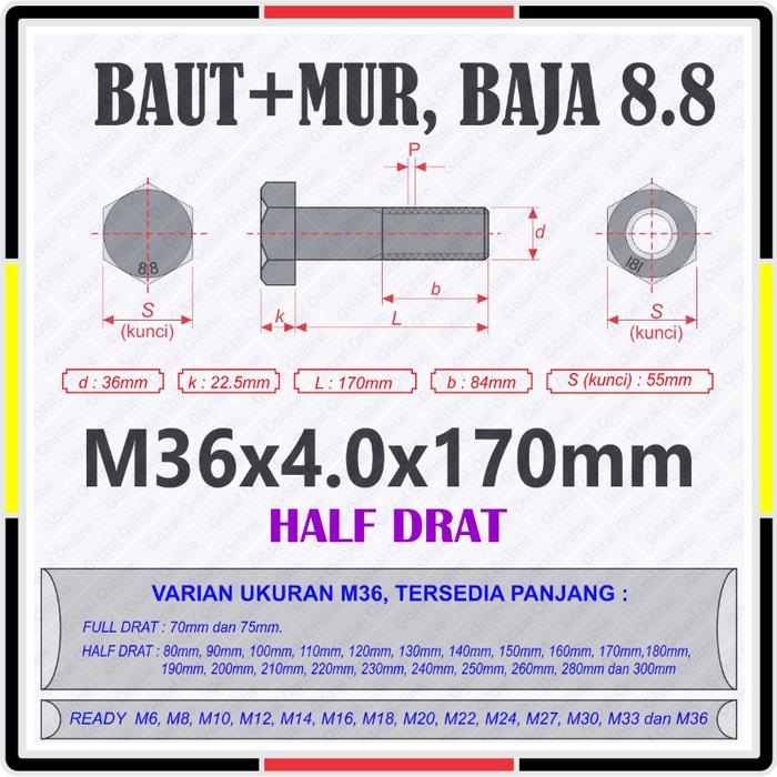 Jual M36 x170mm Pitch 4.0 Kunci 55 - Baut & Mur - baja 8.8 - HALF DRAT - Kota Bekasi - Gozel ...