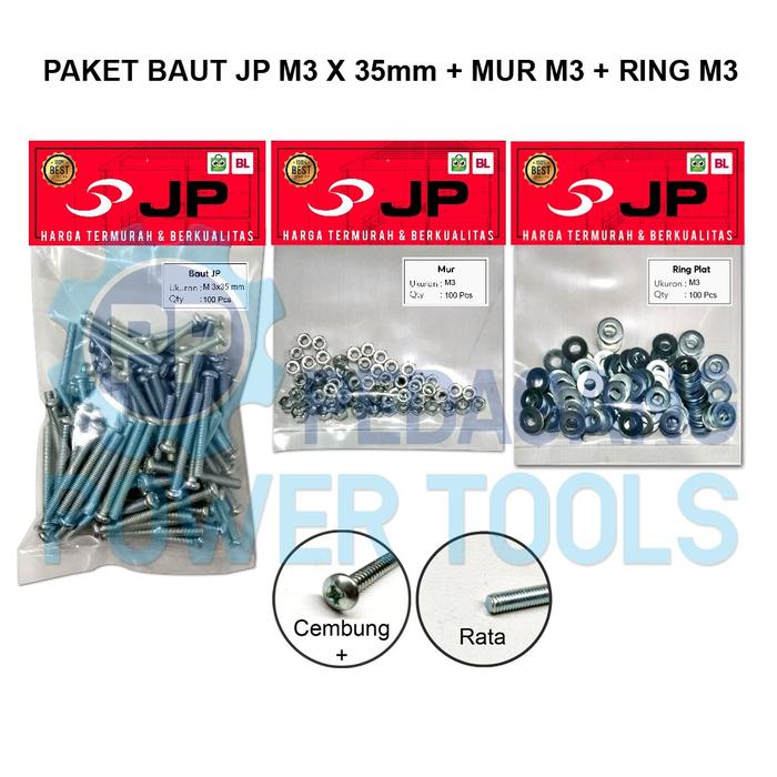 Jual (0_0) PAKET 3 SET JP M 3x35 BAUT MUR RING PLAT M 3 x 35 MUR M3 ISI 100 - Kab. Bekasi ...