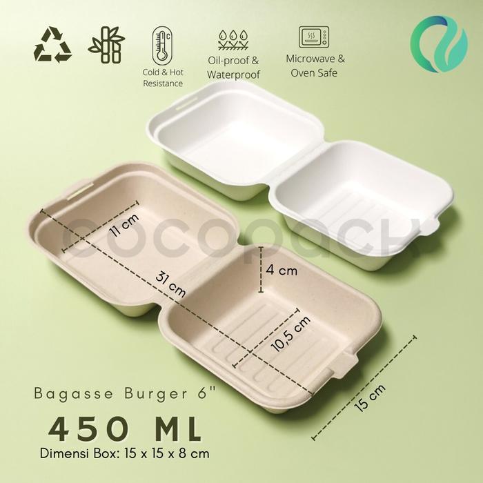 Jual Populer Bagasse Clamshell 6 Inch Burger Box 450ml Natural Brown ...