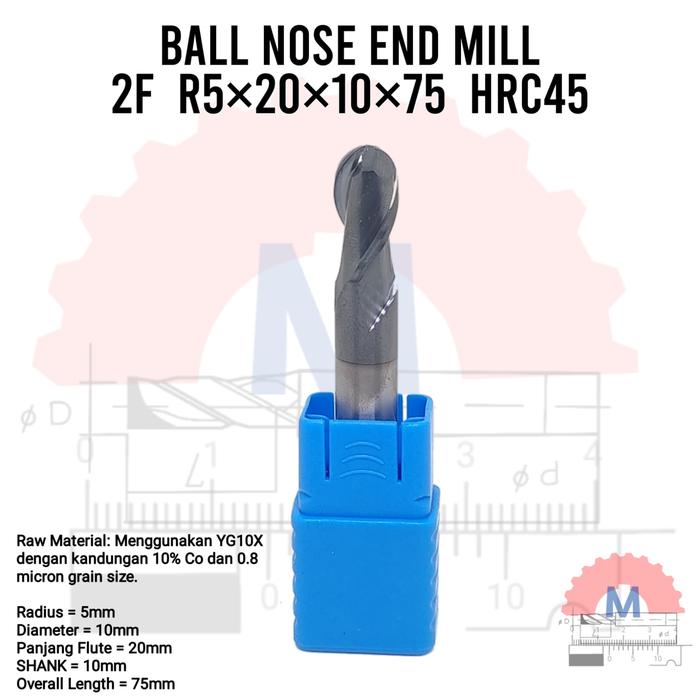 Promo Ballnose 10mm HRC45 ballmill R5 D10 mm 2F radius 5mm - Jakarta ...
