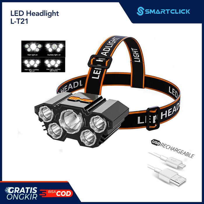 Promo HeadLamp Light Lampu Senter Kepala 5 LED 4 Mode USB Charge L-T21 ...