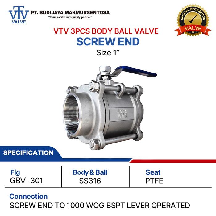 Jual 3pcs Ball Valve VTV SS316 Screw 1000 WOG BSPT - 1 Inch - Jakarta ...