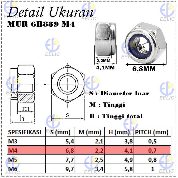 Jual murah Eelic Mur-6b889 -m4 Isi 10pcs Mur 4mm Dengan Diameter Drat ...