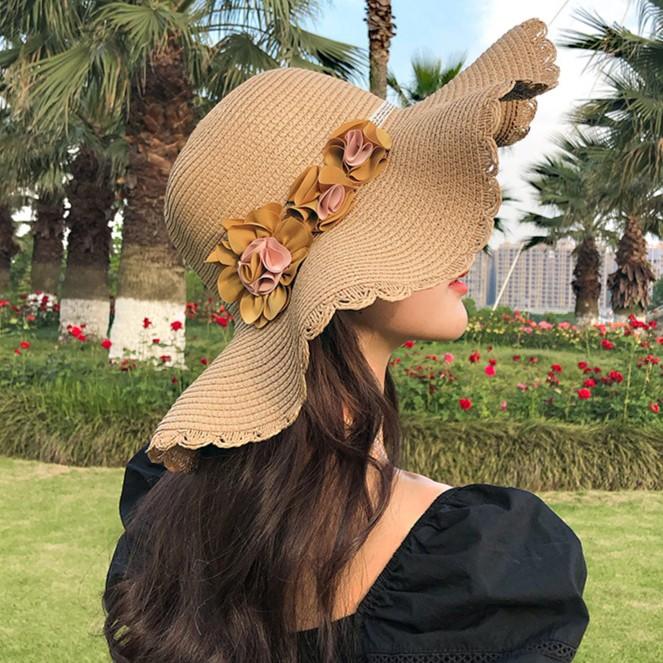 Jual Topi Jerami Wanita Bergelombang Topi Pantai Cantik Bunga Pink ...