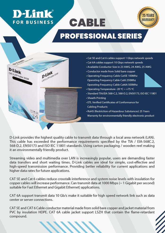 Jual D-LINK CAT.6 UTP 24AWG Blue Color, Easy Pull Box, 305m Box Cable ...