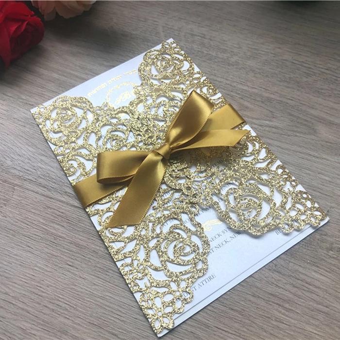 Jual (10 pieces/lot) Luxury Gold Glitter Wedding Invitation Card With ...